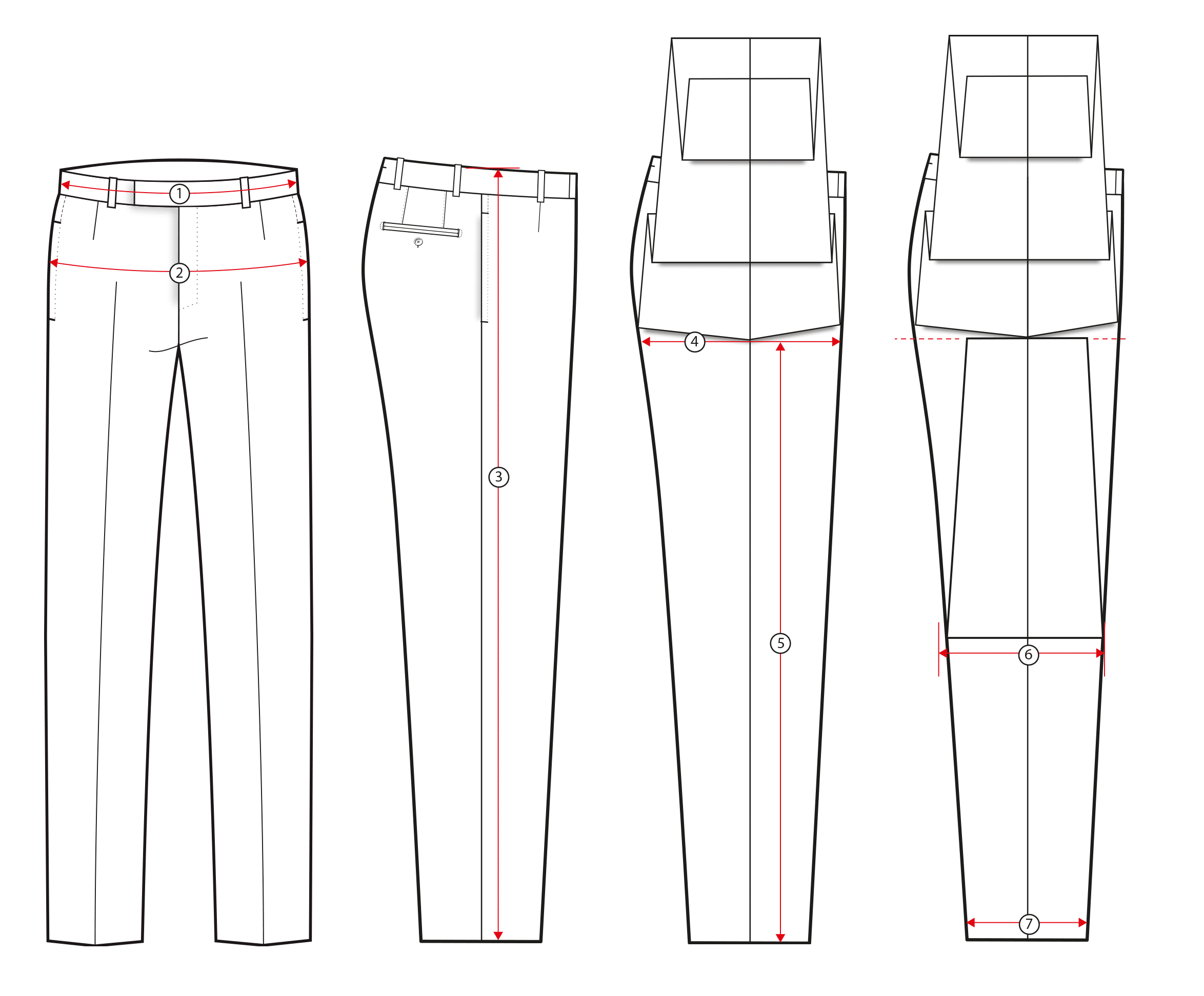 Technical line drawing of pants showing front, side, and back views ...