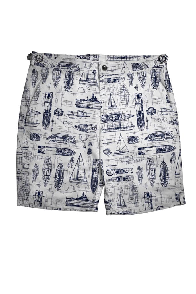 Michael Andrews Bespoke | White Swim Shorts with Navy Boats