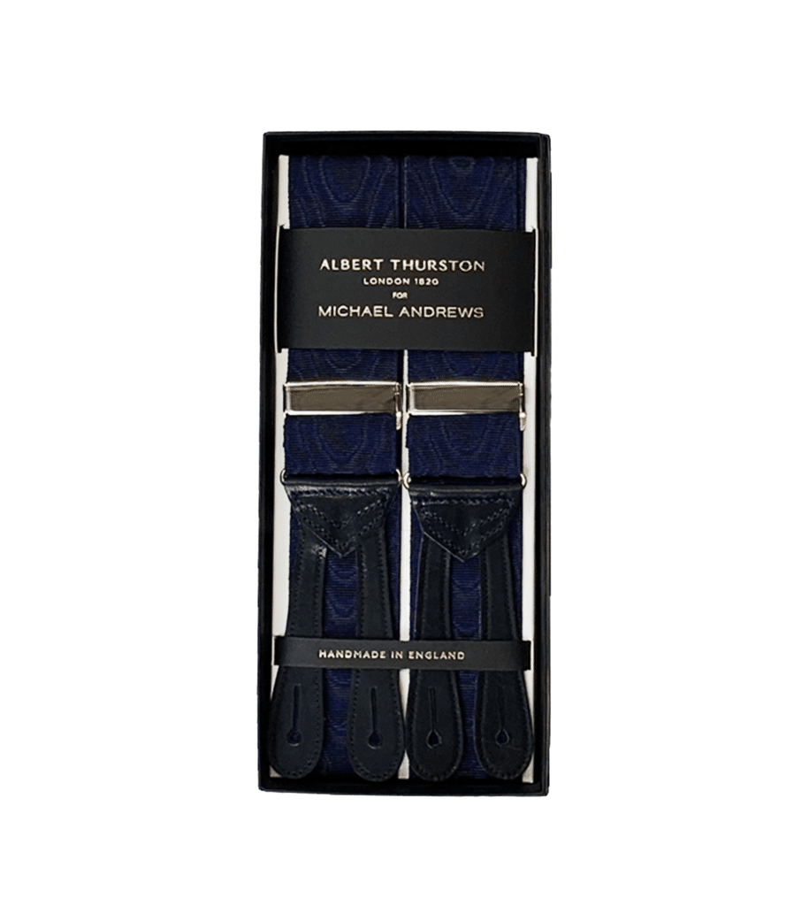 Michael Andrews Bespoke | Navy Moiré Suspenders, Silver Hardware
